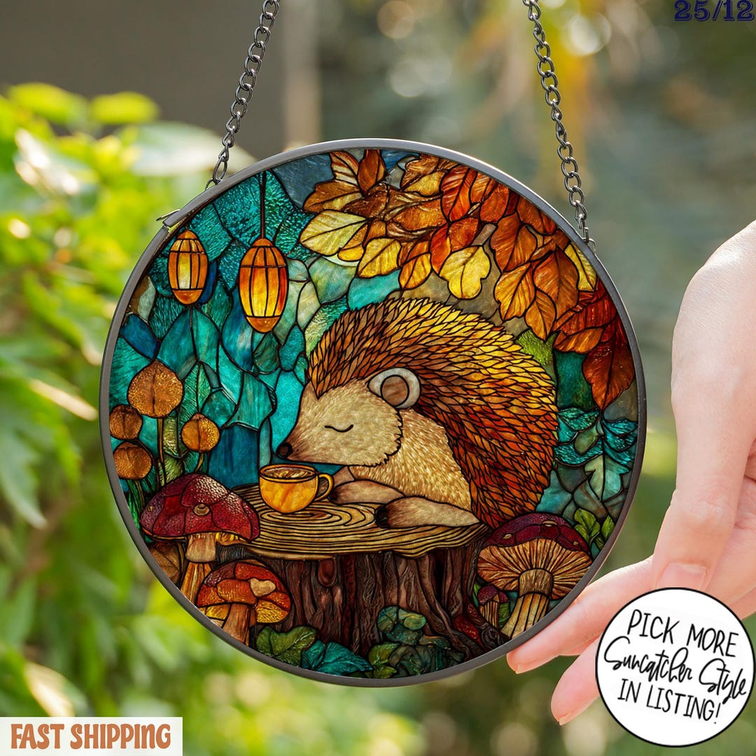 Hedgehog Tea Time Glass Suncatcher, Window Hanging Gift, Woodland Round ...