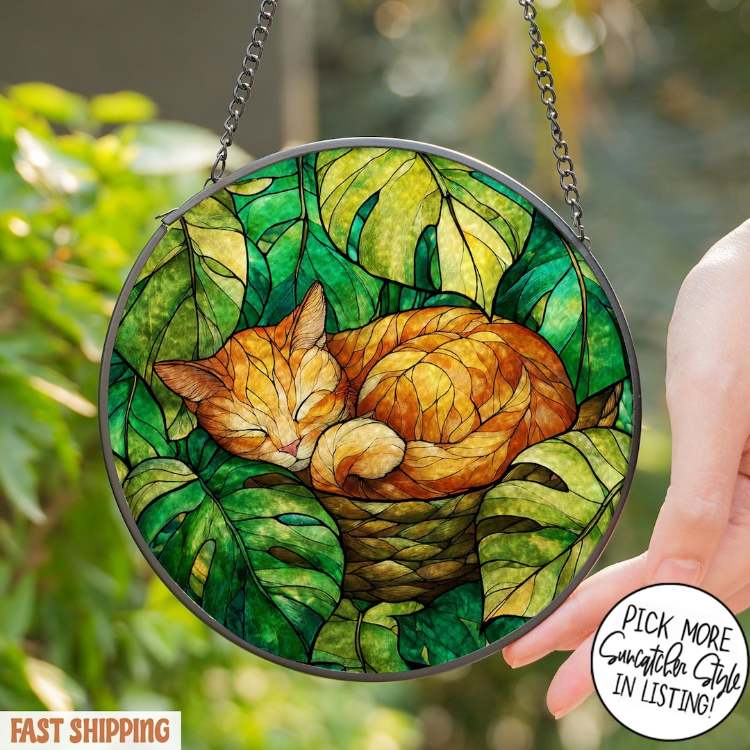 Cat Monstera Leaves Stain Glass Suncatcher, Glass Inspired Wavy Shape ...