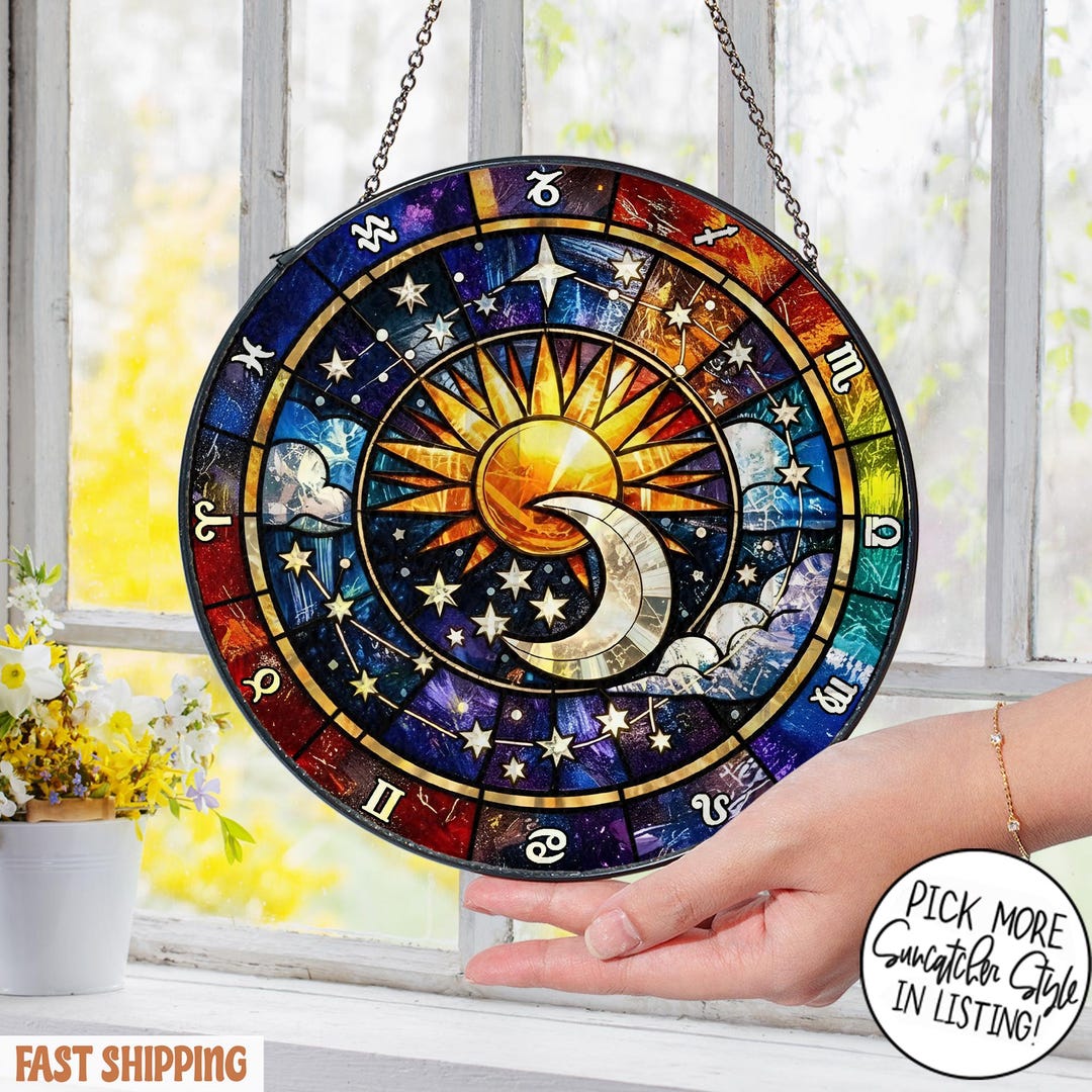 Zodiac Stained Glass Suncatcher, Sun and Moon Window Hanging, Astrology ...
