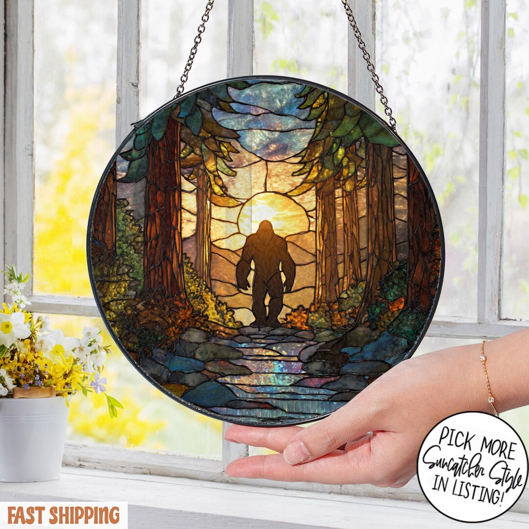 Bigfoot Stained Glass Suncatcher | Sasquatch Forest Window Hanging ...