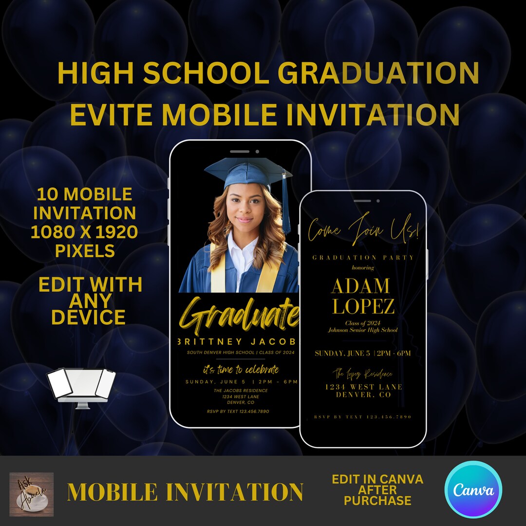 Graduation Invitation - Digital High School Grad EVITE Mobile Invite ...