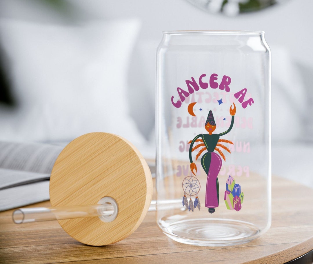 CANCER AF Glass Cup, 16oz With Straw and Bamboo Lid - Zodiac Sign ...