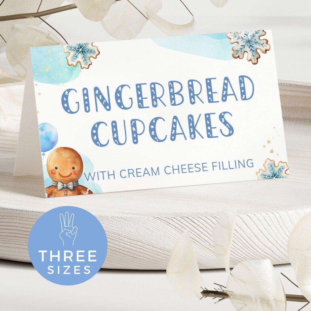 Gingerbread Buffet Card Tent Fold, Christmas Cookie Food Label, Blue ...
