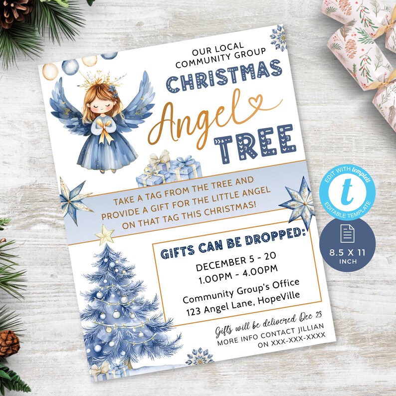 Christmas Angel Tree Flyer, Giving Tree Template, Blue Xmas Toy Drive ...