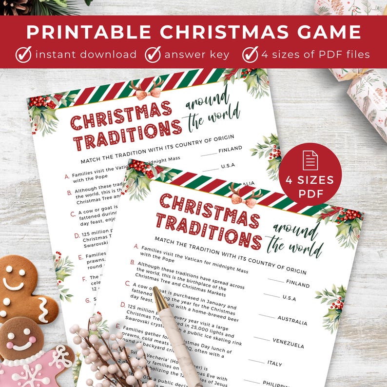 Christmas Around the World Trivia, Traditions Matching Game, Holiday ...
