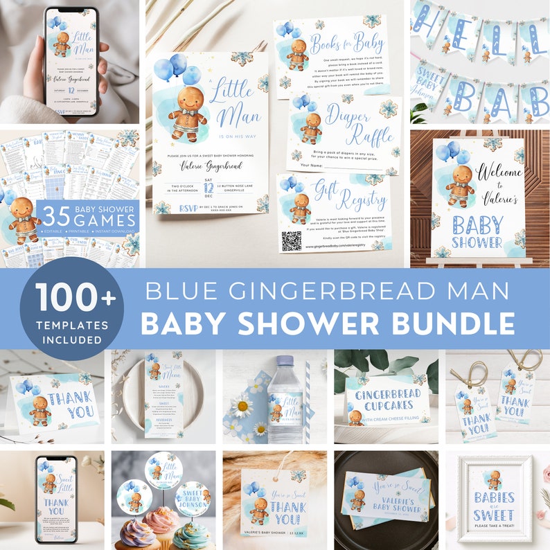 Gingerbread Baby Shower Bundle, Blue Gingerbread Man Mega Pack ...