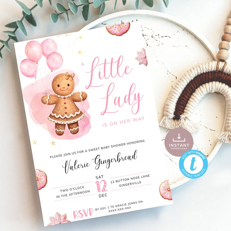 Pink Gingerbread Baby Shower Invitation, A Little Lady on Her Way ...