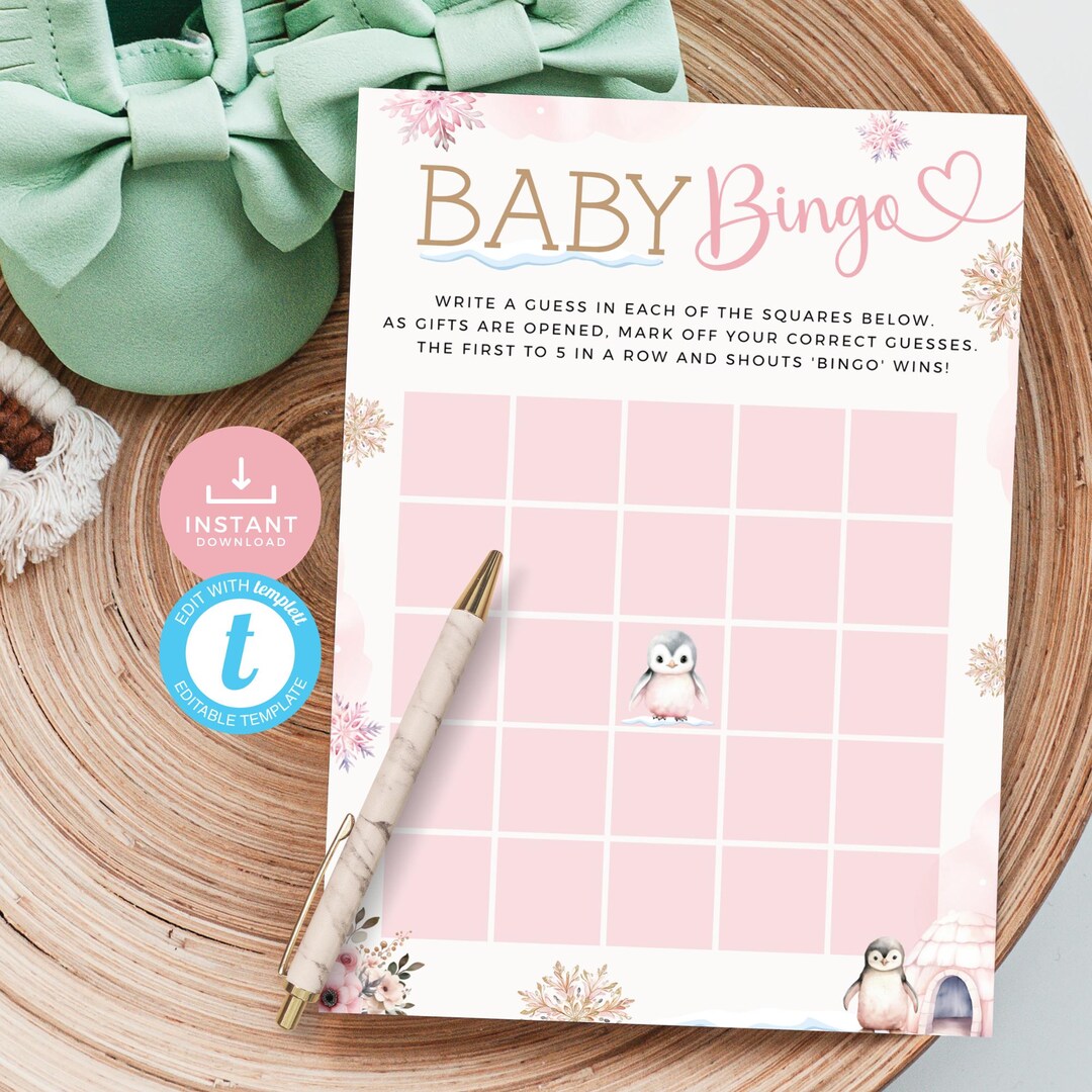 Winter Baby Shower Bingo, Pink Snowflake Baby Bingo Blank, Penguin ...