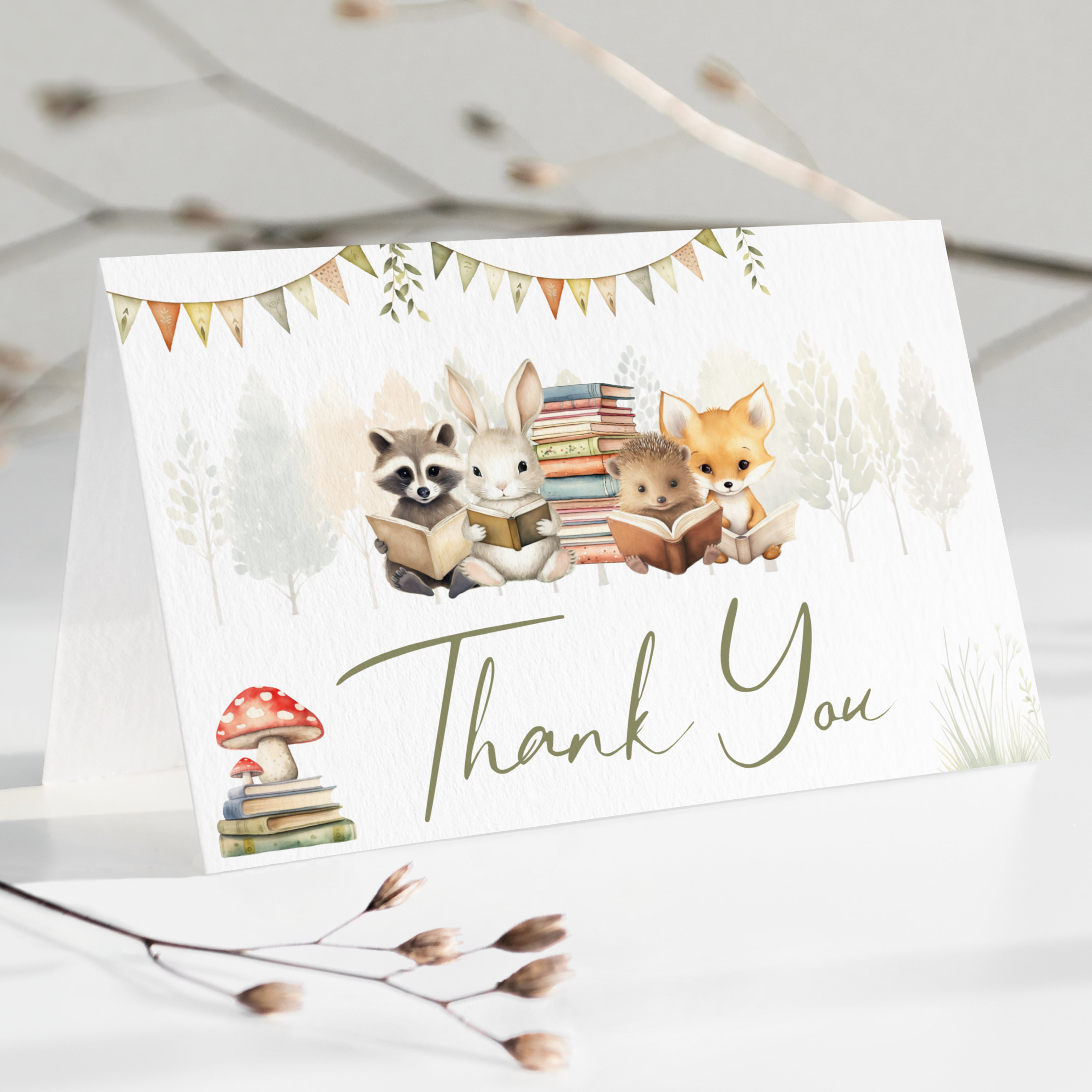 Storybook Themed Thank You Card Tent Fold, Woodland Animals in Forest ...