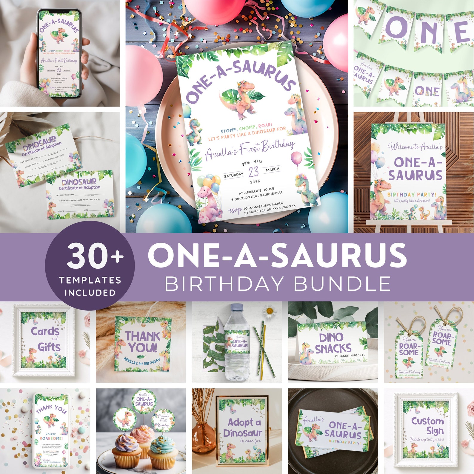 Dinosaur Themed, First Birthday Bundle, One A Saurus Party Pack, Pastel ...