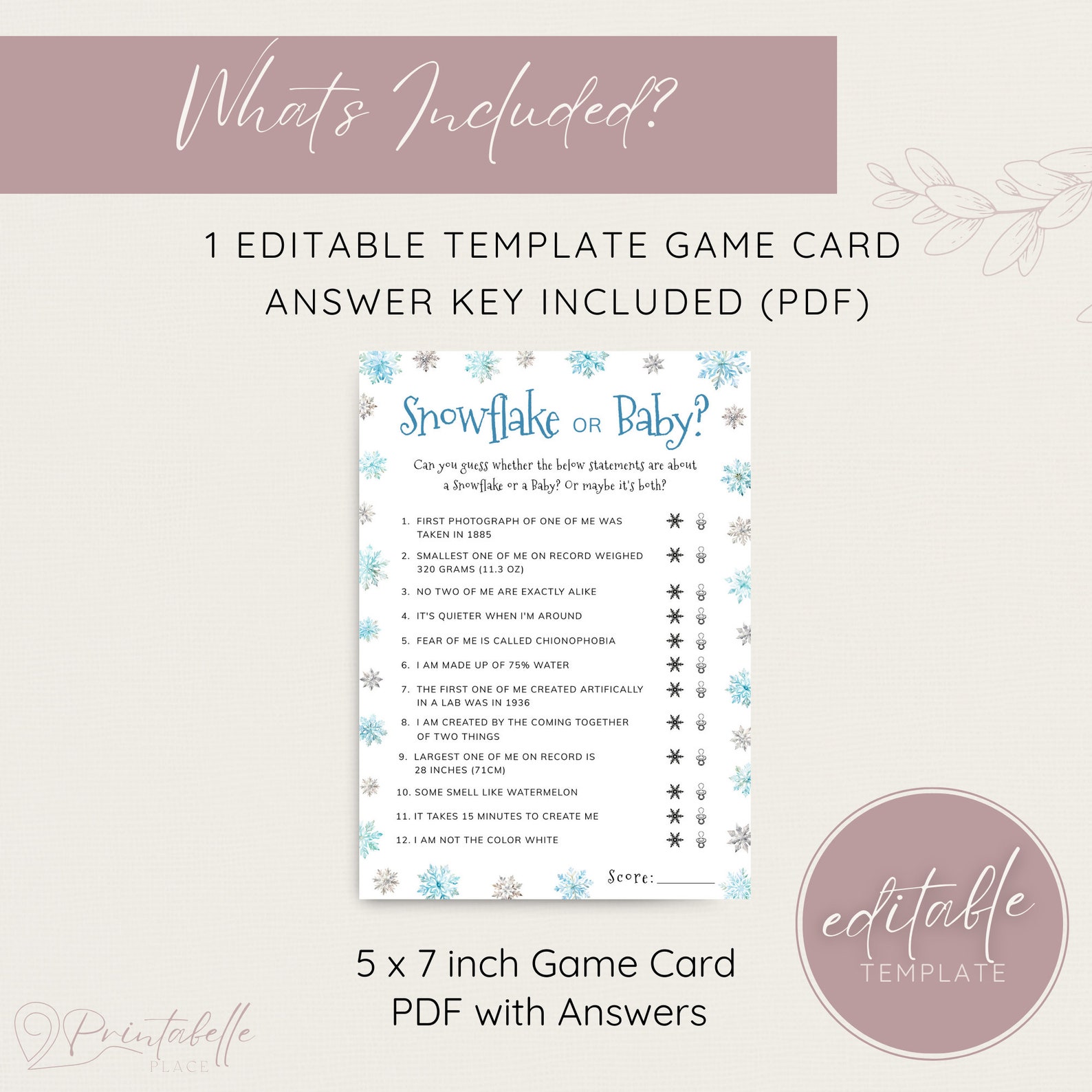 Snowflake or Baby Shower Game, Dusty Blue and Silver Trivia, Winter ...