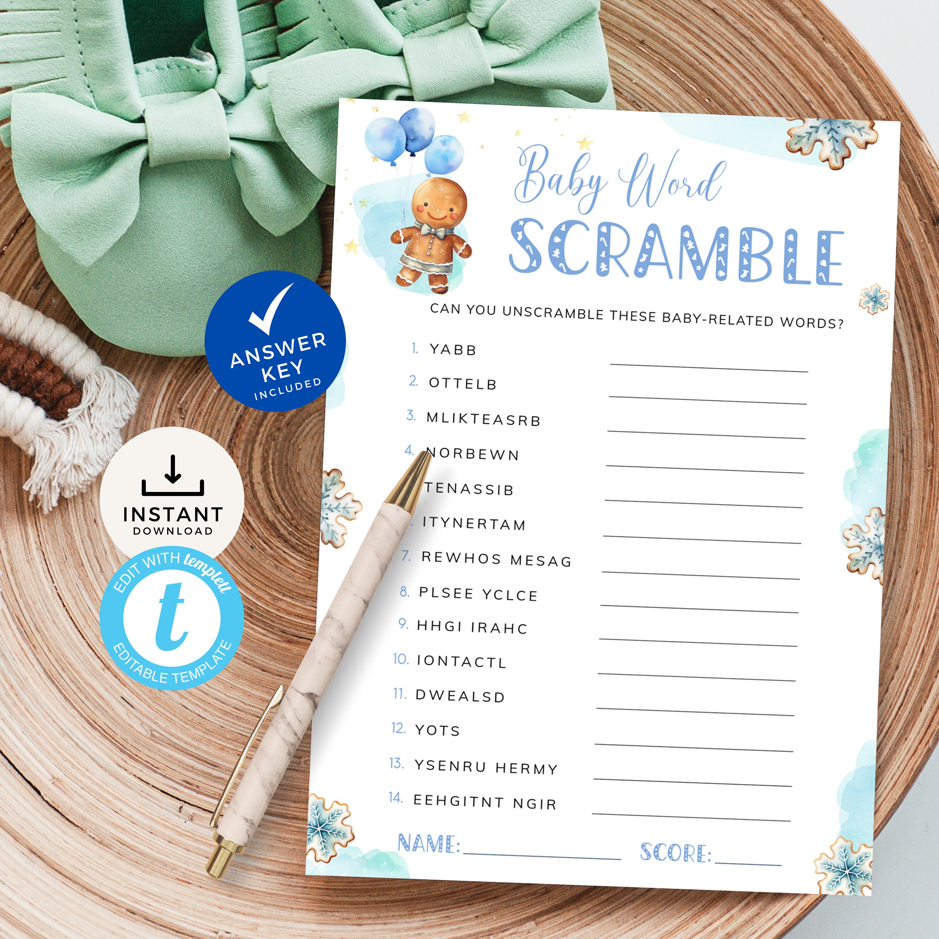 Gingerbread Baby Shower Word Scramble With Answer Key, Blue Christmas ...