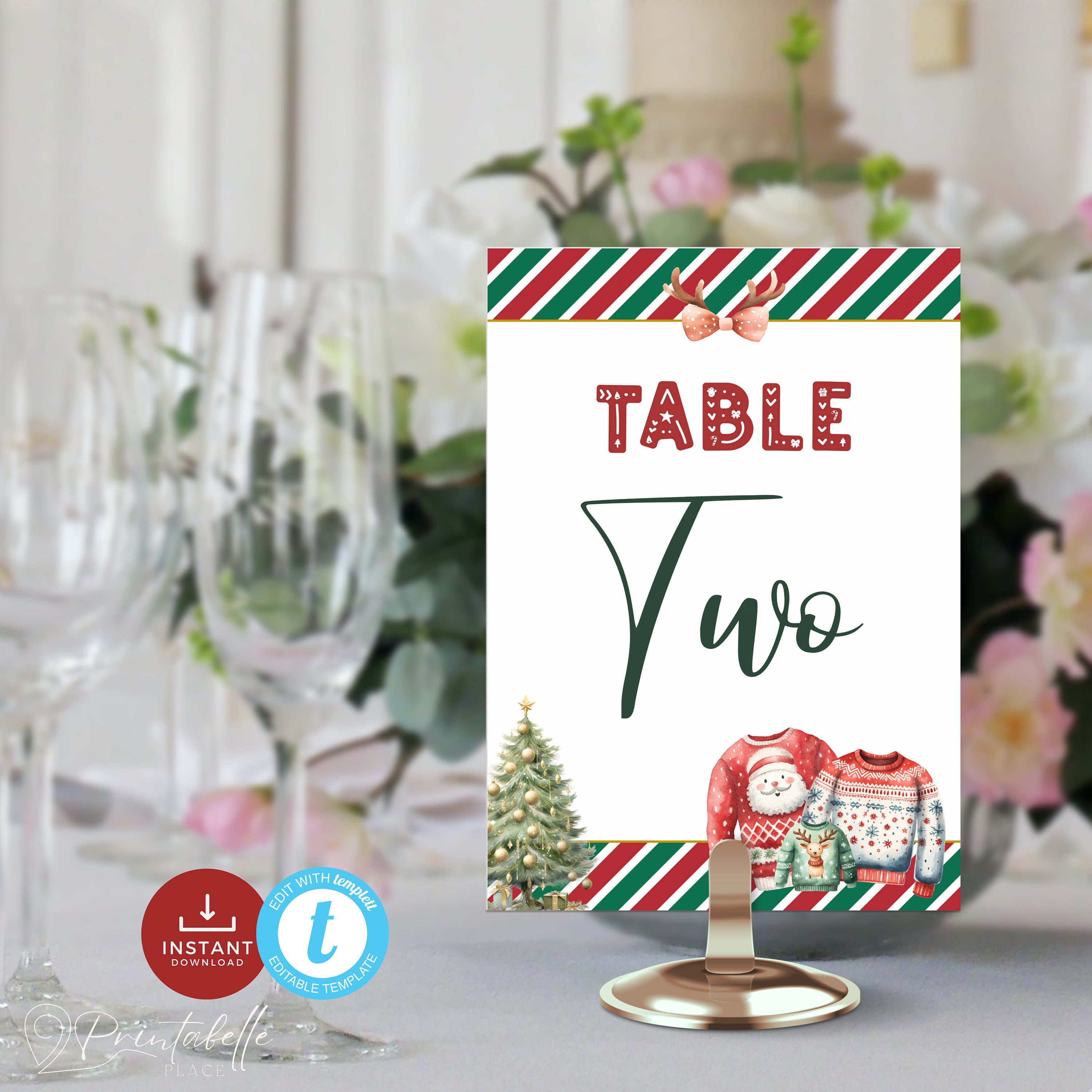 Christmas Table Numbers Template, Ugly Sweater Table Name Cards, Rustic ...