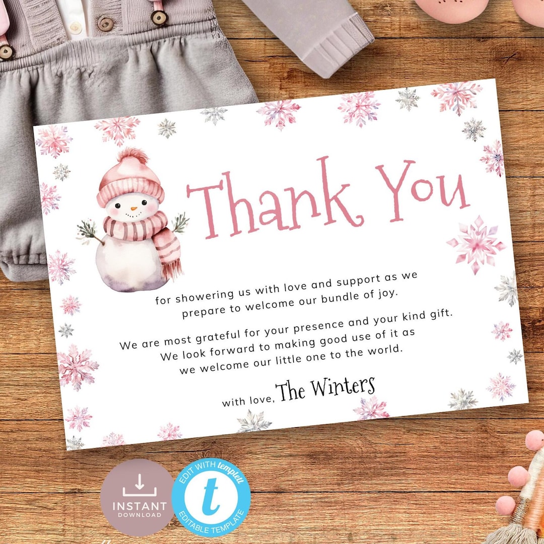 Thank You Notes Winter Baby Shower, Thank You Card Pink Snow Excited ...