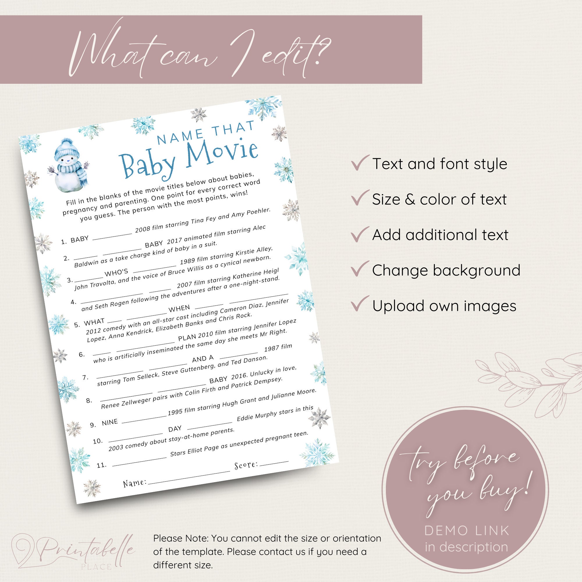 Guess the Baby Movie Baby Shower Game in Dusty Blue Winter We're Snow ...