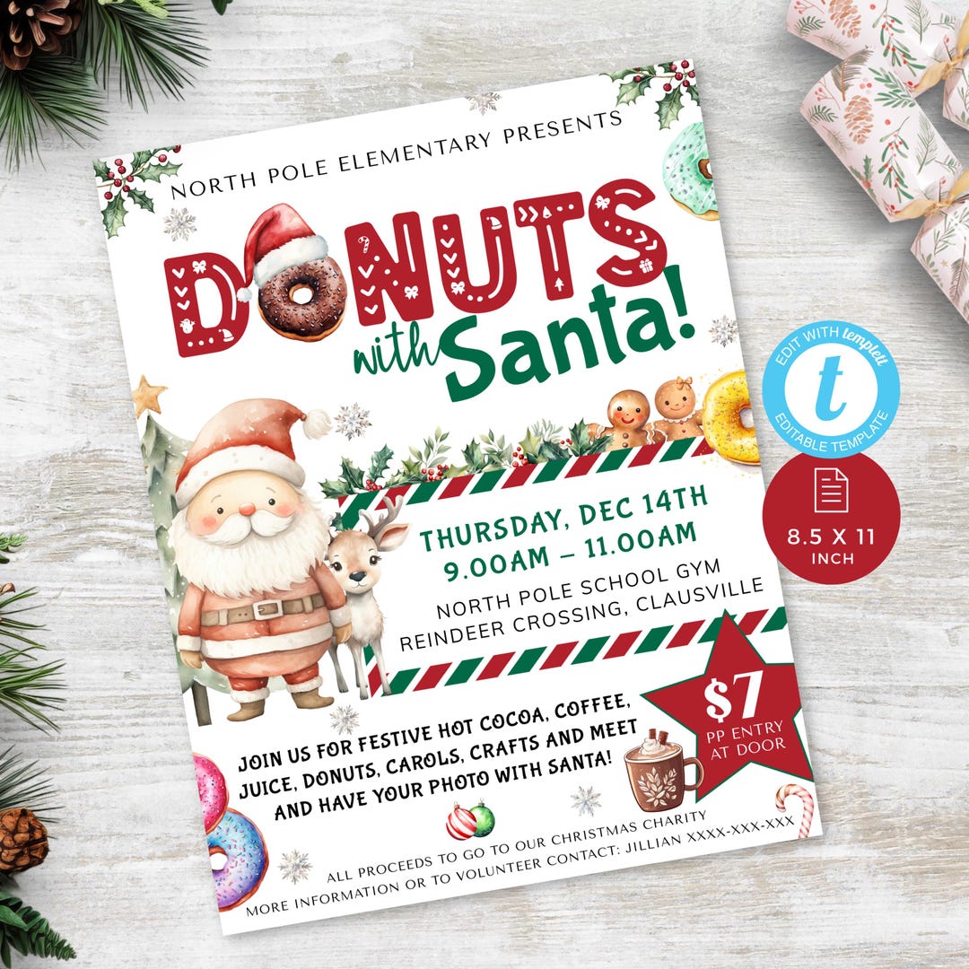 Donuts With Santa Flyer, Breakfast With Santa Claus Invitation ...