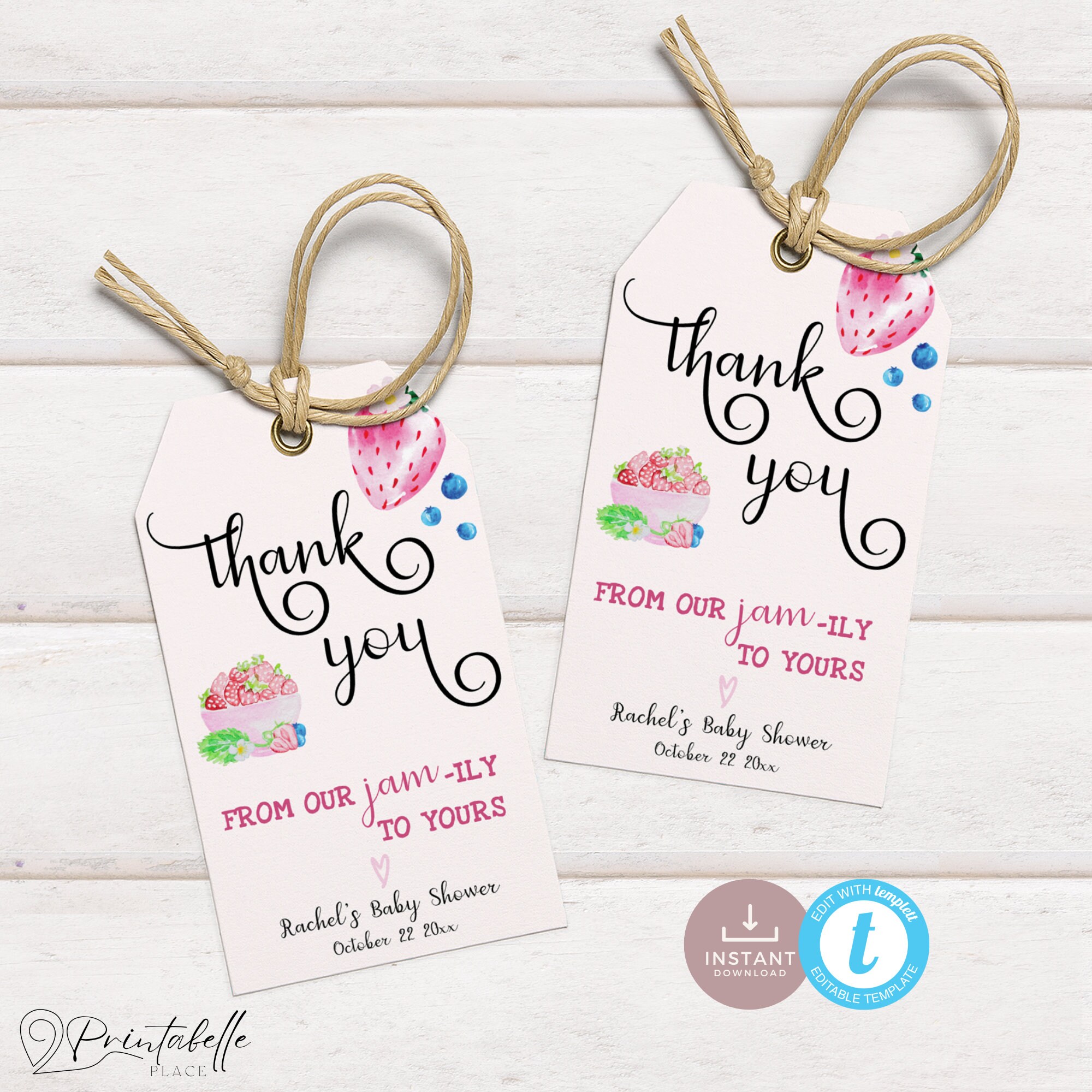 Strawberry Jam Favor Tag: Berry Sweet Thank You Label (editable ...