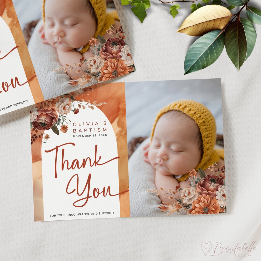 Terracotta Thank You Card With Photo, Fall Baptism Postcard, Autumn ...