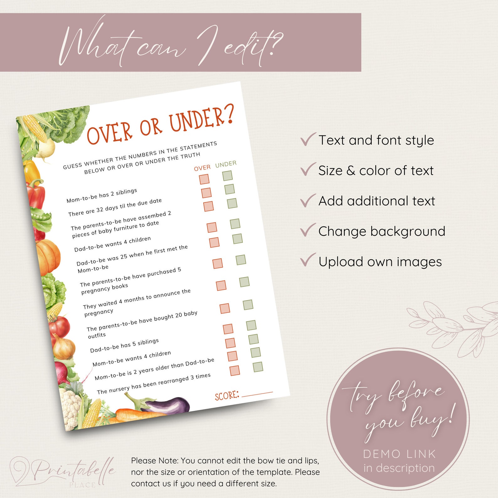 Locally Grown Over or Under Baby Shower Game, Farmers Market Theme With ...