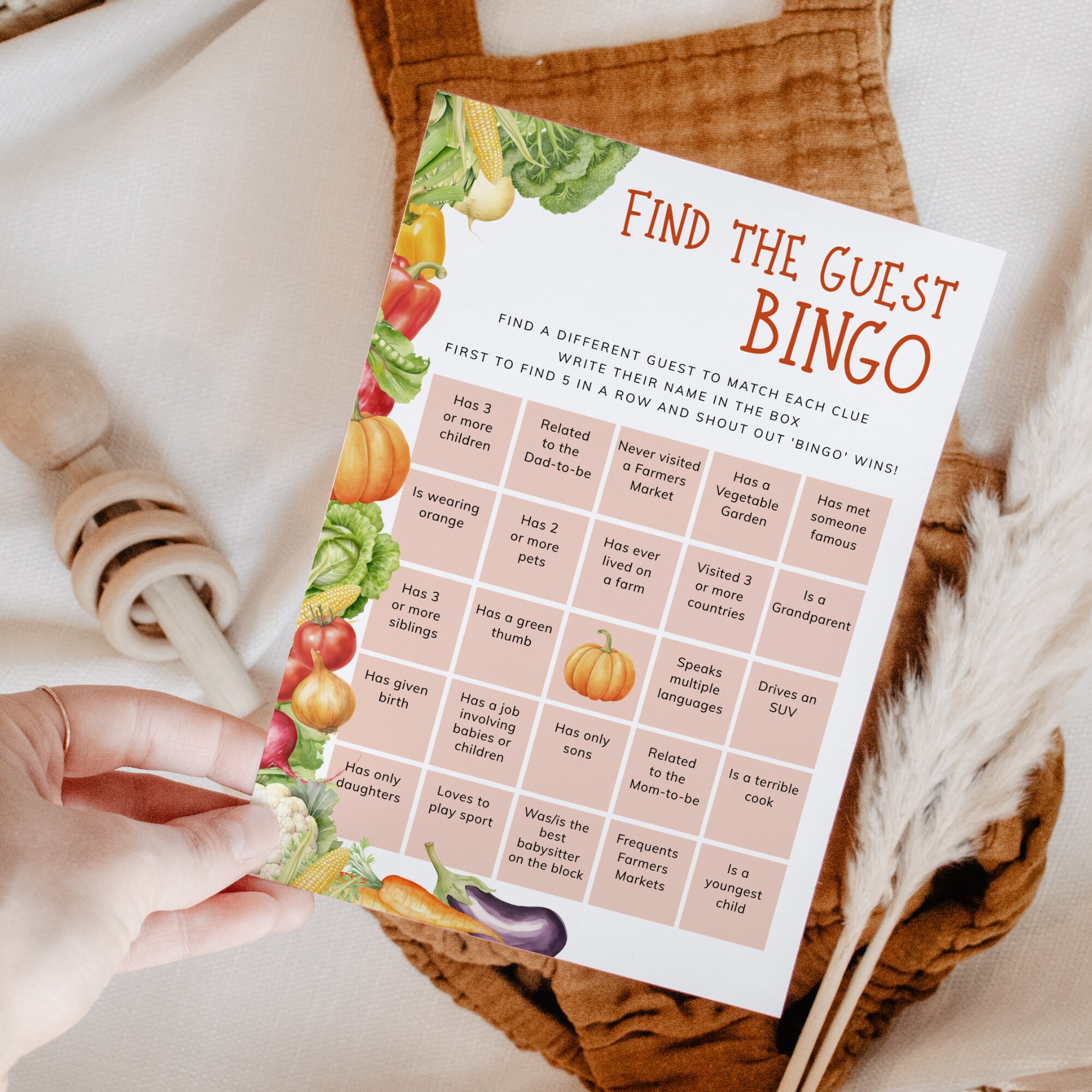 Locally Grown Baby Shower Find the Guest Bingo Template. Bright ...
