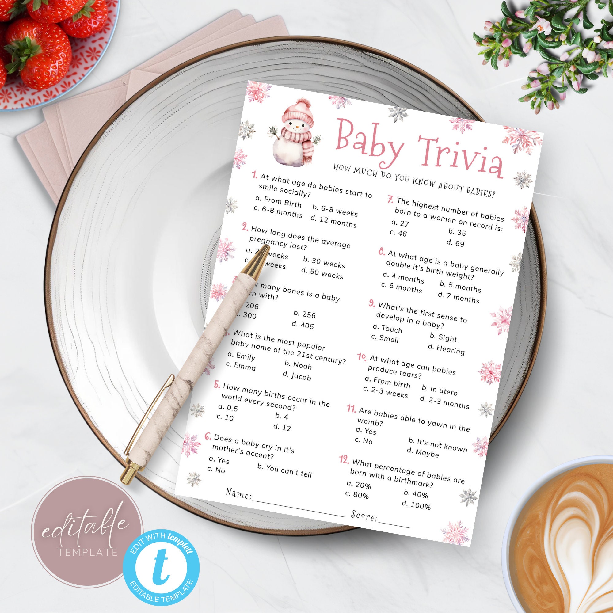 Baby Trivia Game Card Template, Answer Key, Girl We're Snow Excited ...
