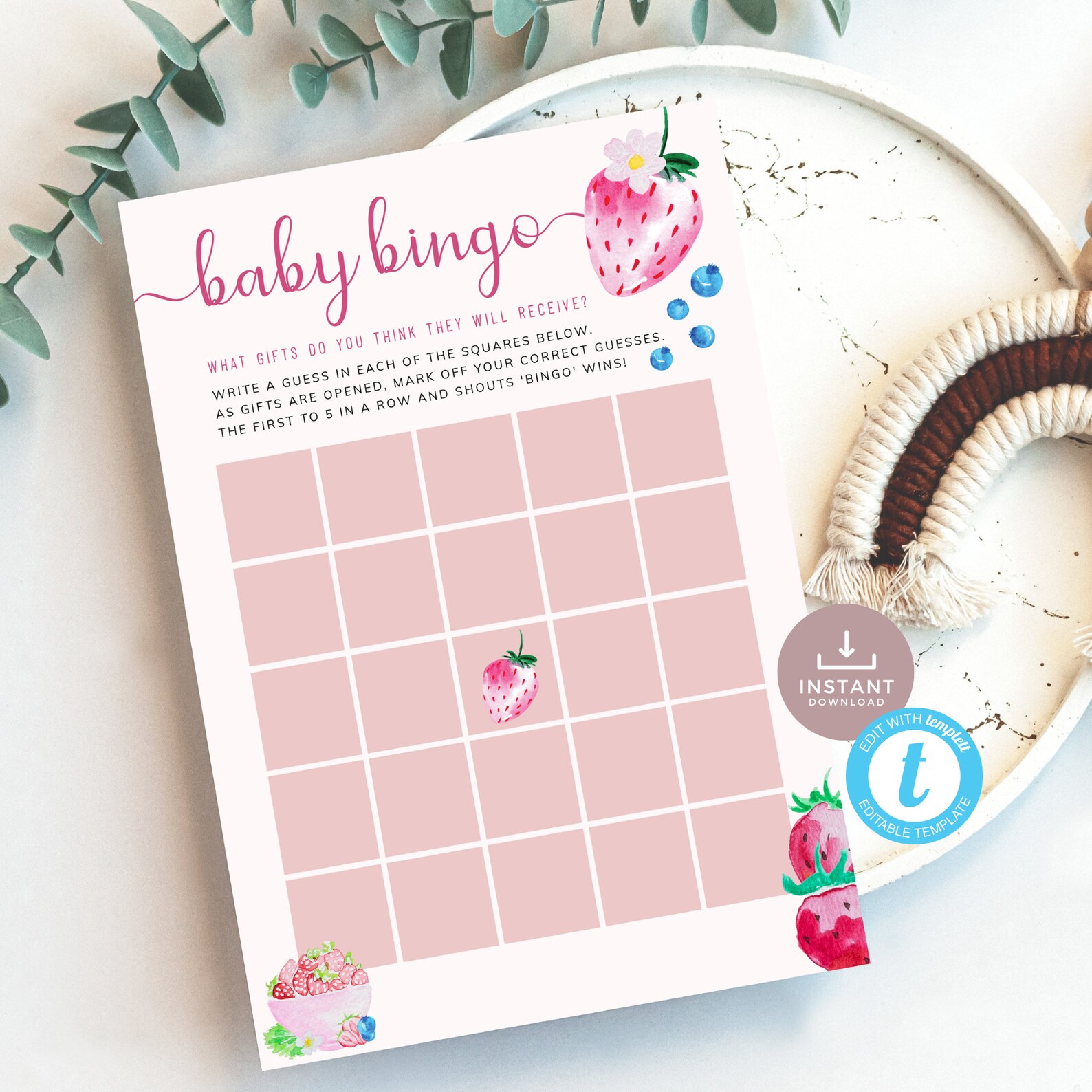 Strawberry Baby Shower Bingo, Berry Sweet Game Card Blank (editable ...
