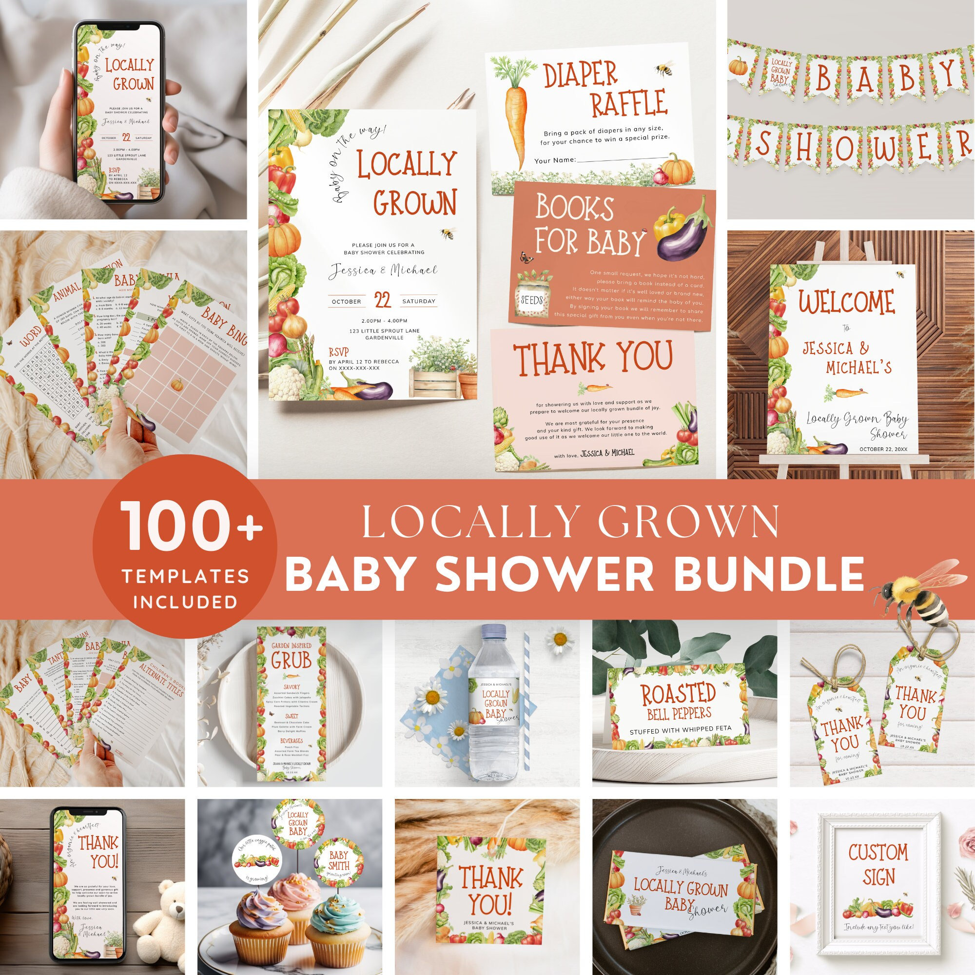 Locally Grown Baby Shower Bundle, Bright Vegetable Farmers Market Theme ...