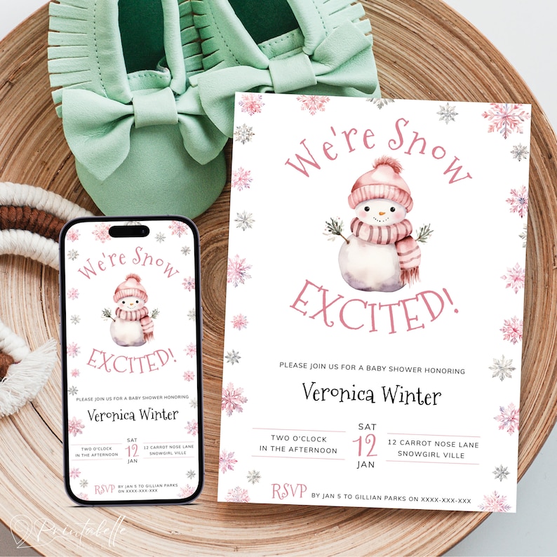 Pink Winter Snow Baby Shower Invitation. We're Snow Excited for This ...