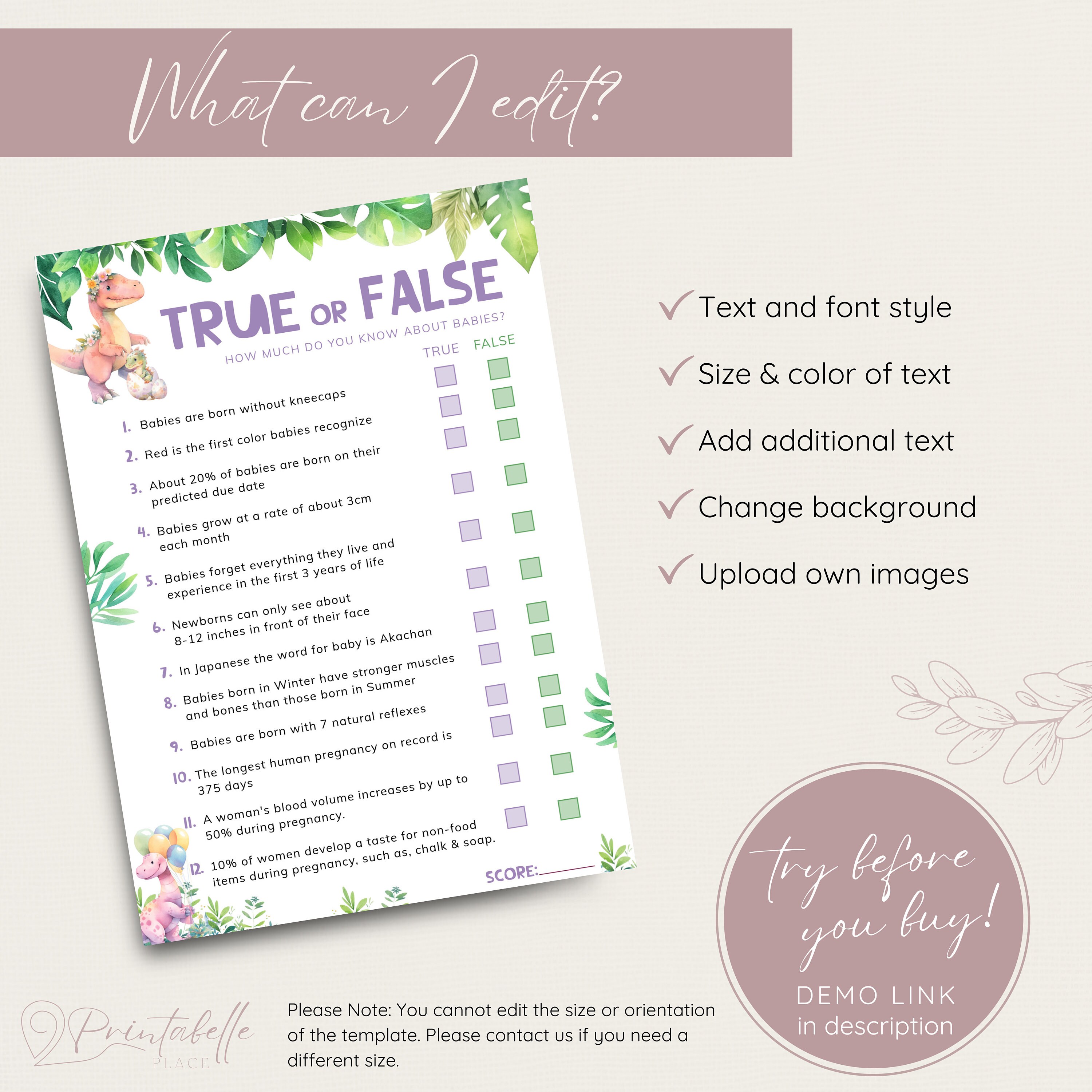 Dinosaur Baby Shower Game True or False, Pregasaurus Baby Trivia Quiz ...