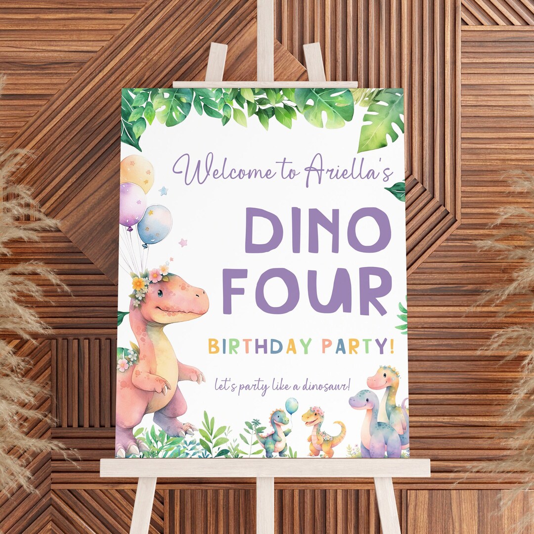 Dinosaur 4th Birthday Sign, Dino Four Welcome Sign Template. Watercolor ...