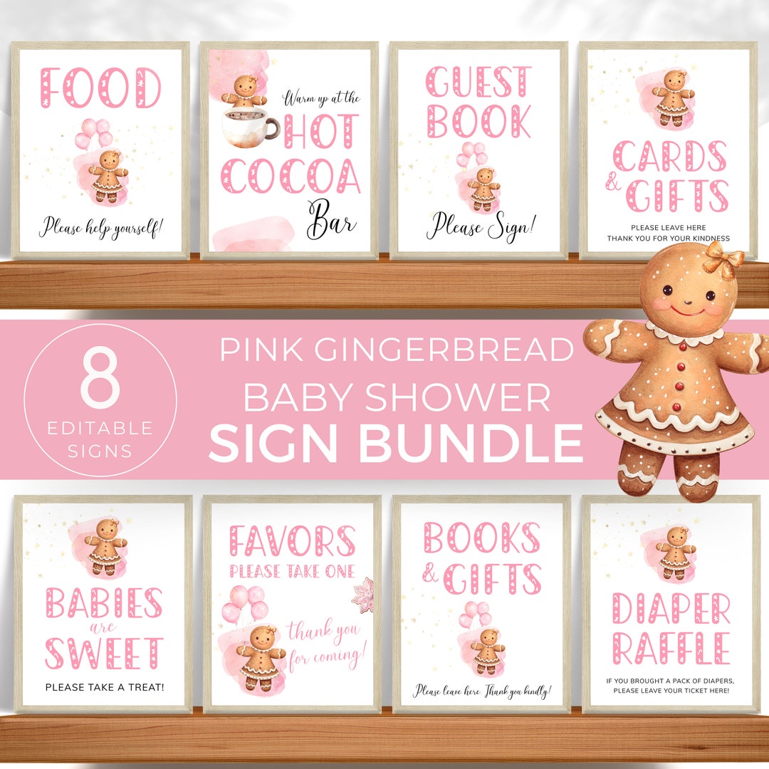Pink Gingerbread Baby Shower Sign Bundle, A Little Lady Table Signage ...