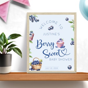 Blueberry Baby Shower Welcome Sign, Berry Sweet Entrance Easel Poster ...