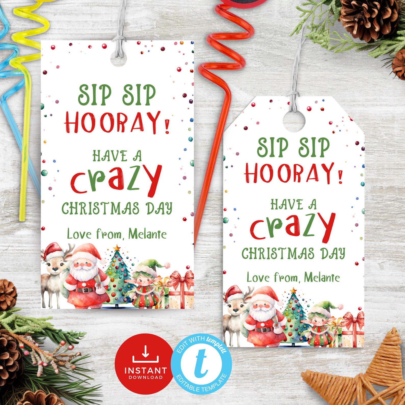 Crazy Straw Christmas Tag, Christmas Straw Gift Tag, Sip Sip Hooray ...