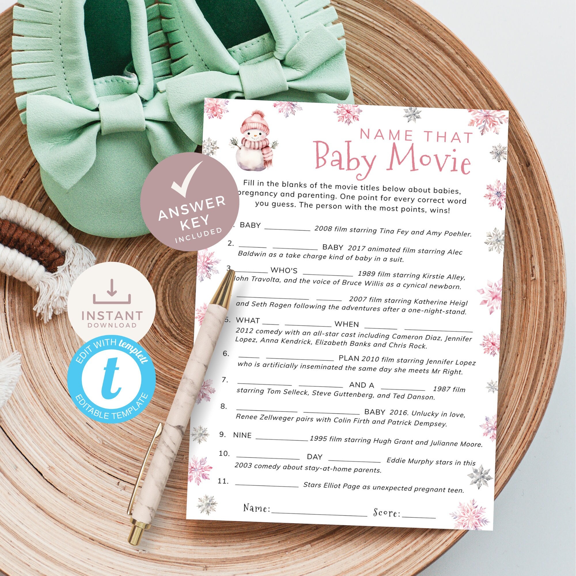 Name That Baby Movie Baby Shower Game, Pink Winter Theme, Snow Excited ...