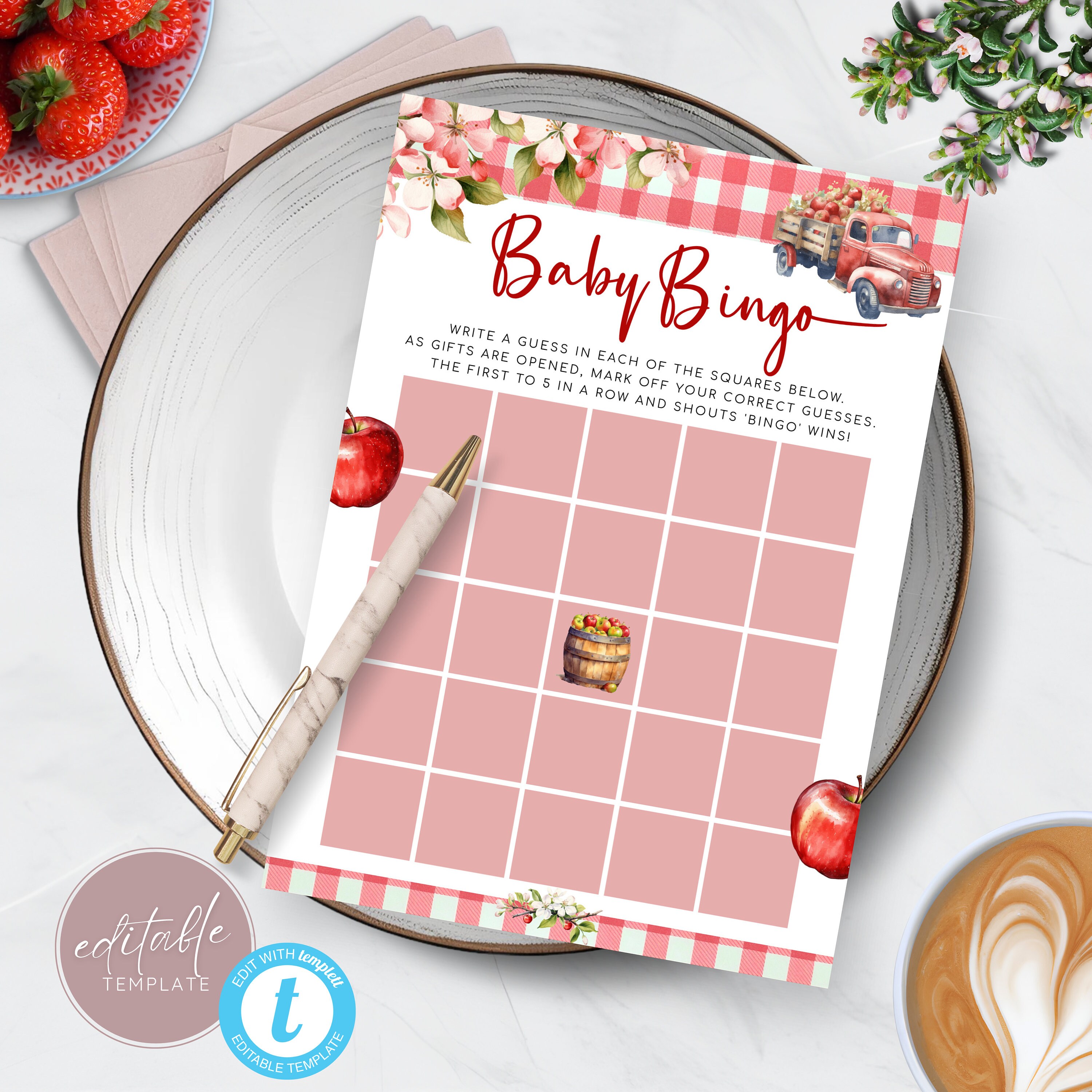 Apple of Our Eye Baby Shower Bingo Template, Red Apple Gift Guessing ...