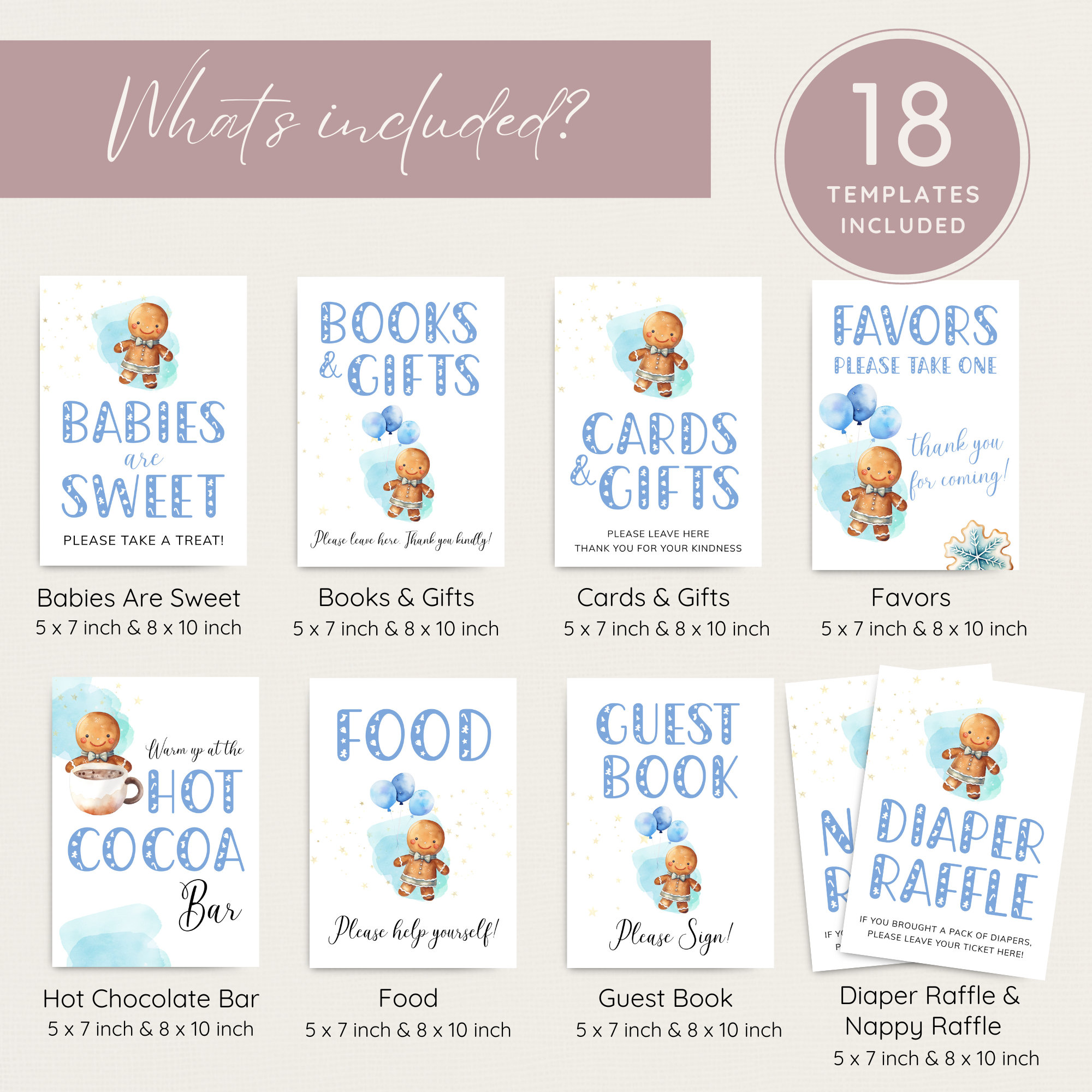 Blue Gingerbread Man Baby Shower Sign Bundle, Cookie Table Signage Set ...