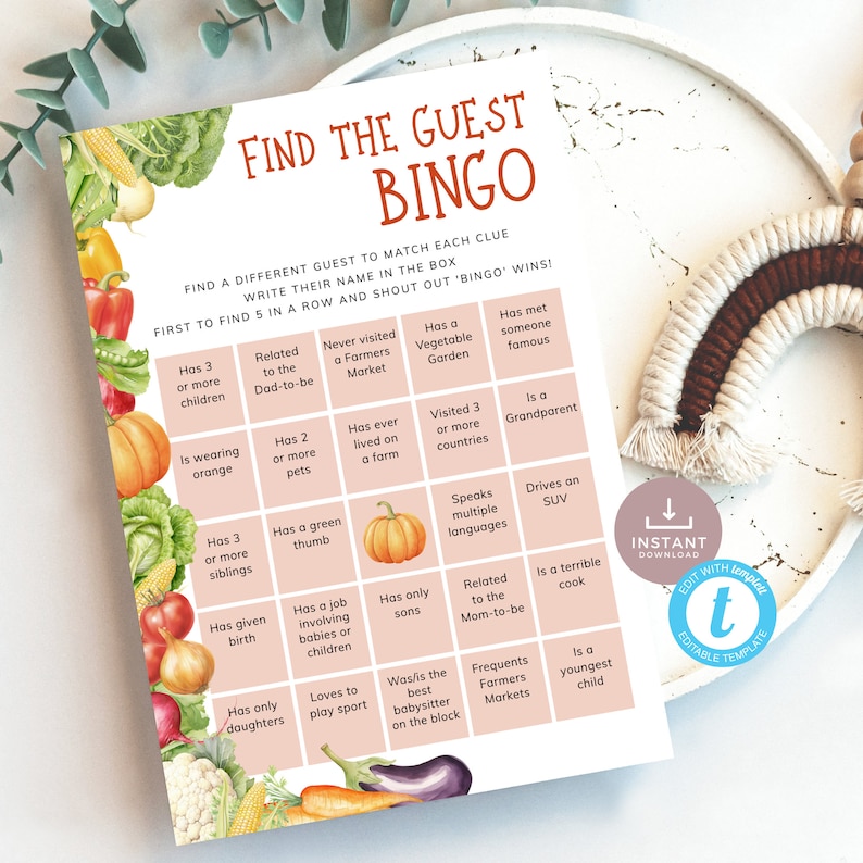 Locally Grown Baby Shower Find the Guest Bingo Template. Bright ...