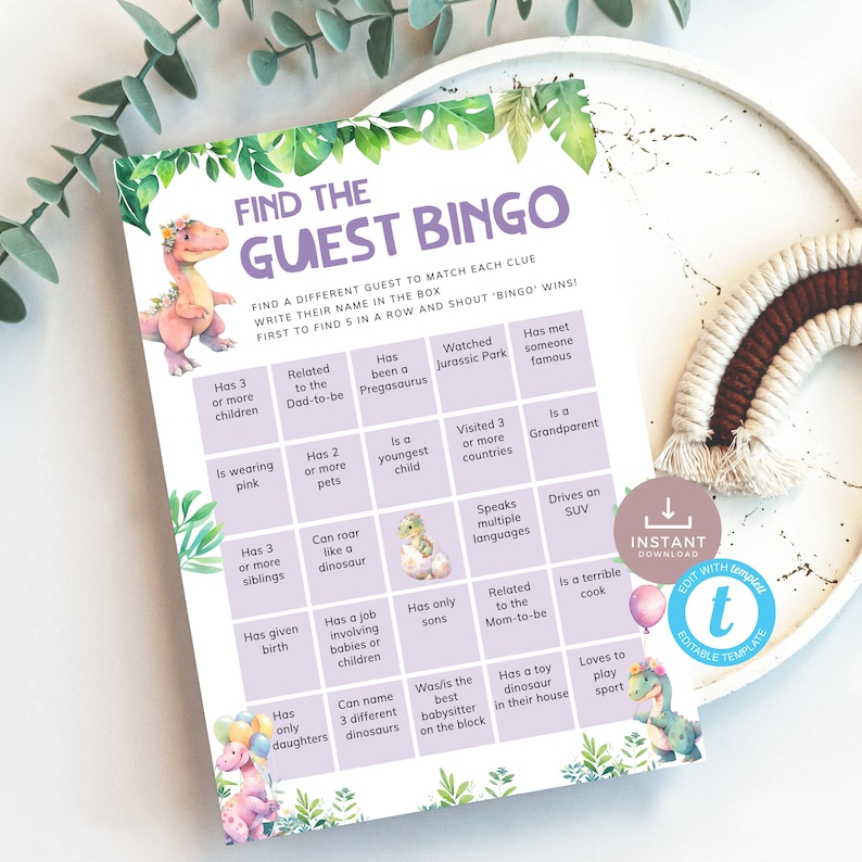 Dinosaur Baby Shower Bingo Game, Find the Guest Human Bingo, Dino Theme ...