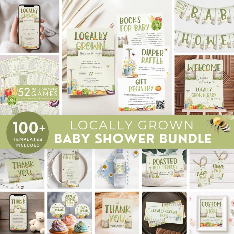 Locally Grown Baby Shower Bundle, Farmers Market Theme Pack in Sage ...