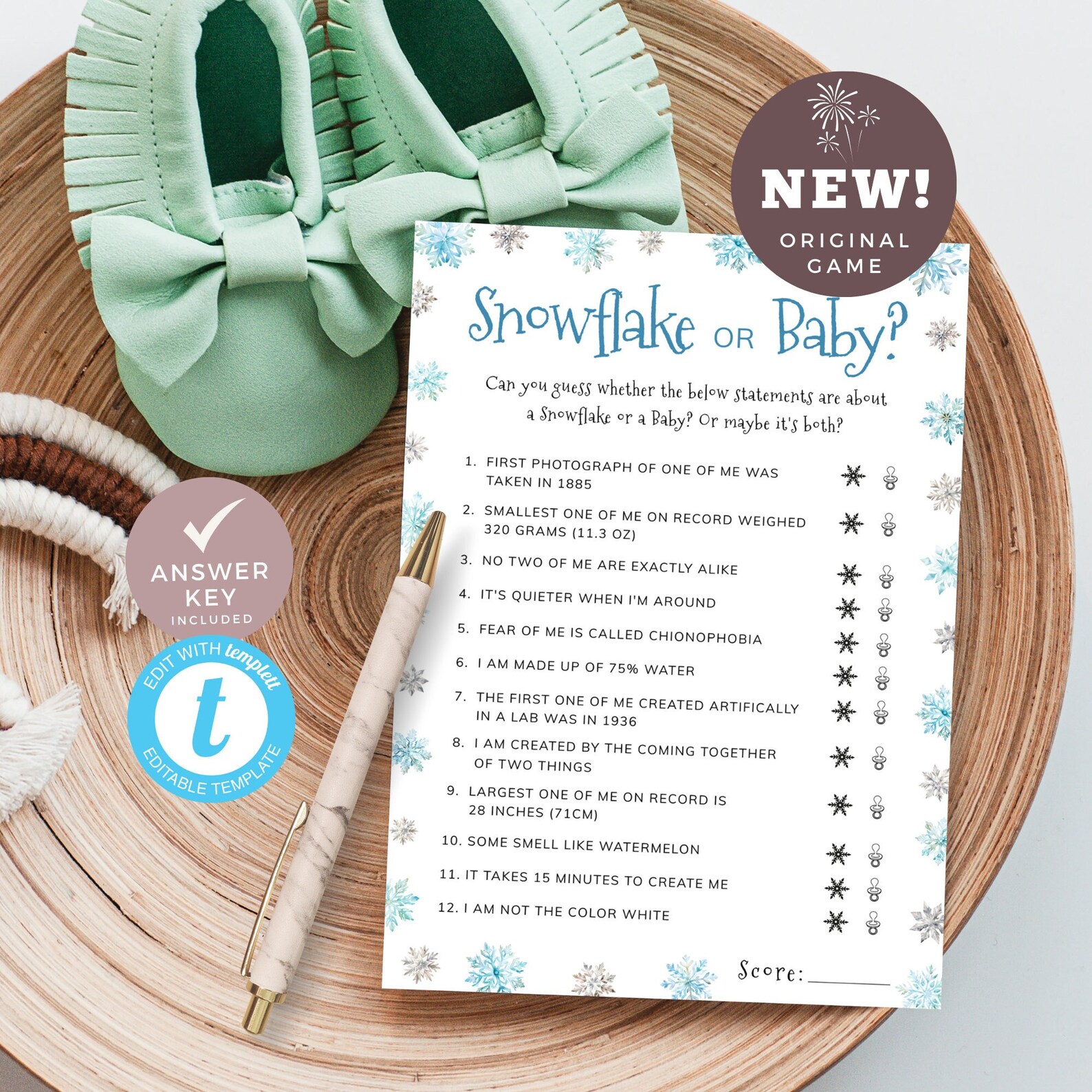 Snowflake or Baby Shower Game, Dusty Blue and Silver Trivia, Winter ...