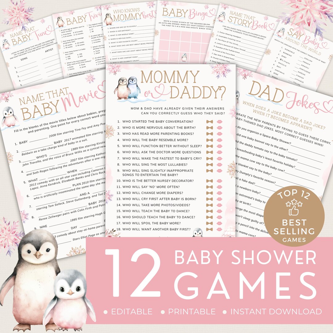 Pink Winter Wonderland Baby Shower Games: Penguin Theme (printable ...