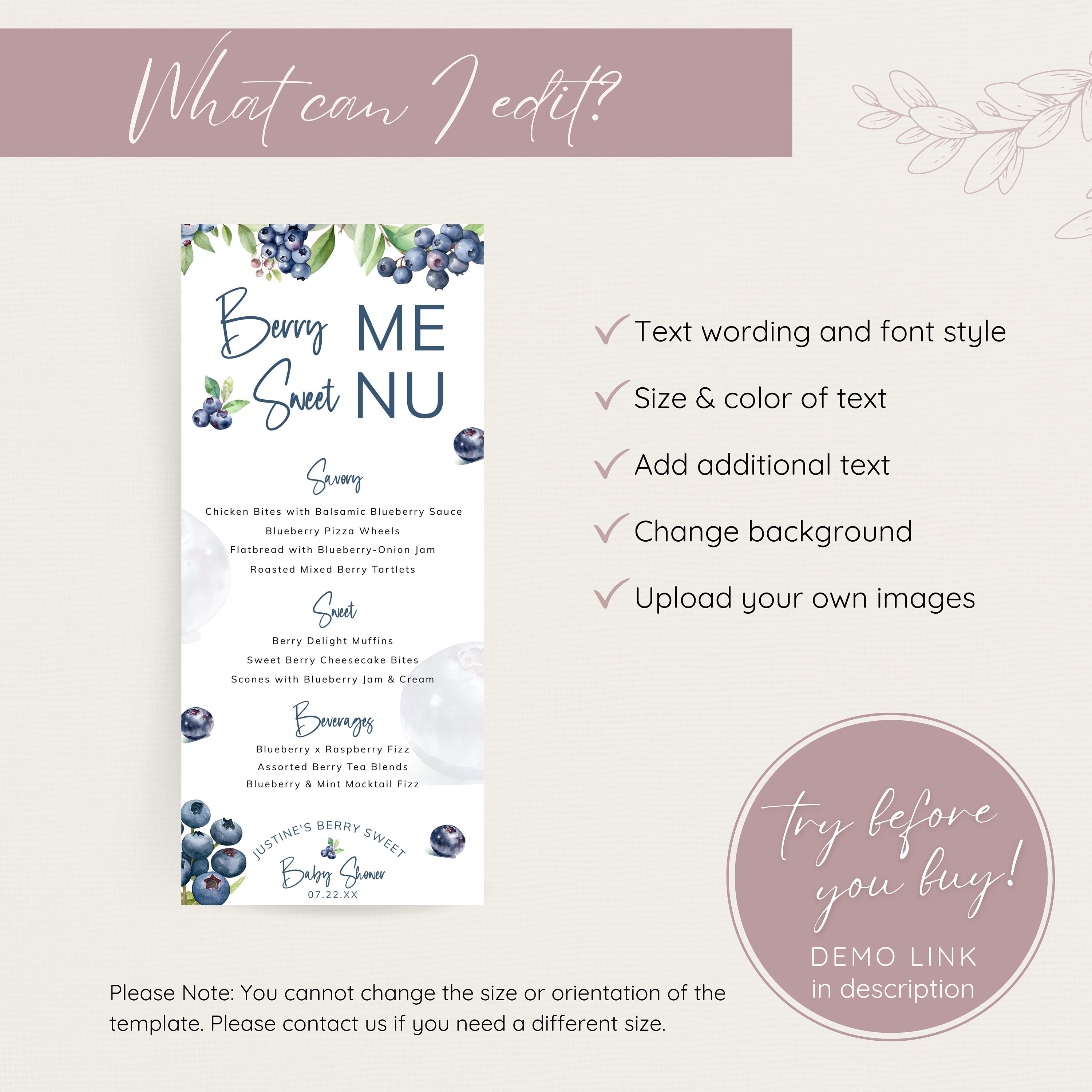 Blueberry Themed Menu Template, Berry Sweet Menu, Summer Fruit Inspired ...