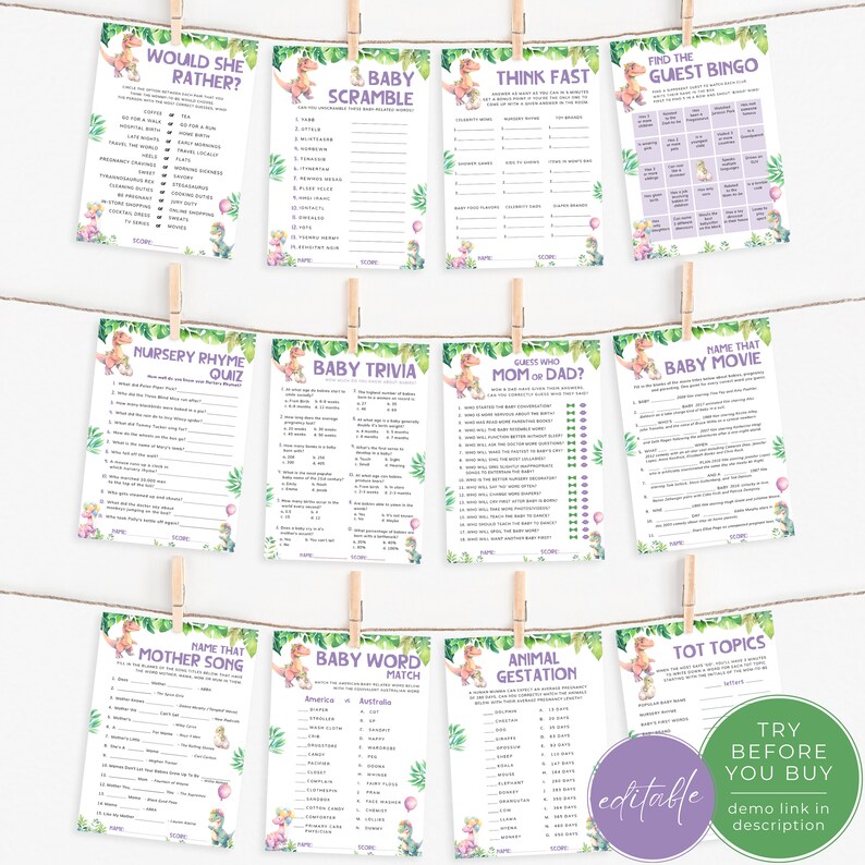 Dinosaur Baby Shower Games Bundle, Hatching Soon Activity Pack, Pastel ...