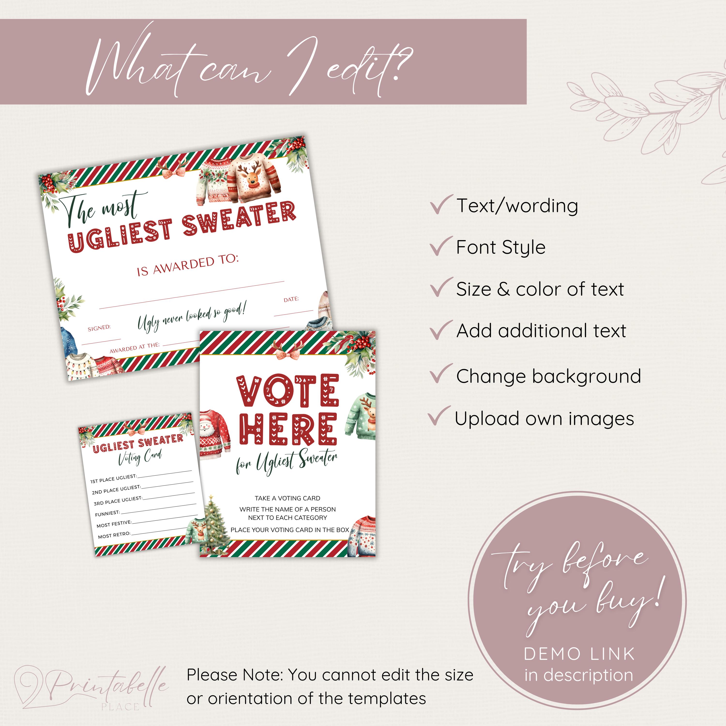 Christmas Ugly Sweater Certificate, Ugliest Competition Voting Card and ...