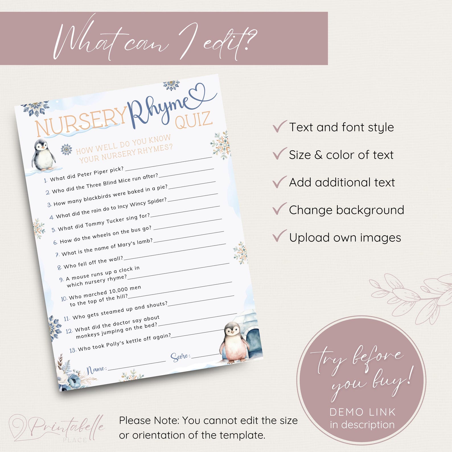 Winter Nursery Rhyme Quiz, Snow in Love Baby Shower Games, Guess the ...