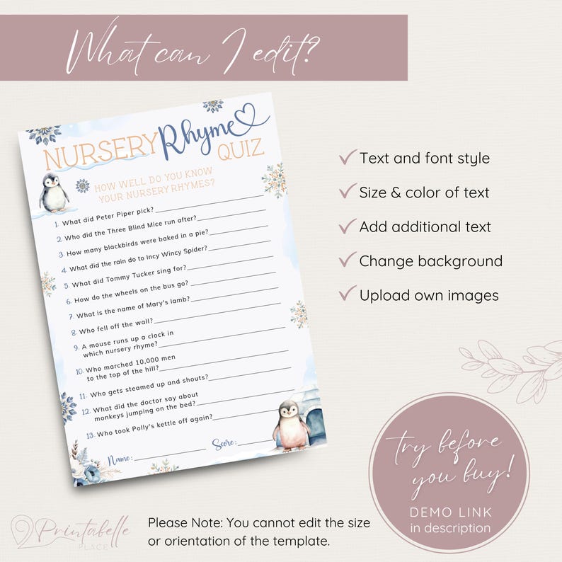 Winter Nursery Rhyme Quiz, Snow in Love Baby Shower Games, Guess the ...