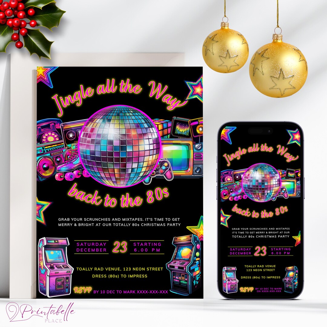 80s Christmas Party Invitation, Festive Neon & Eighties Nostalgia ...