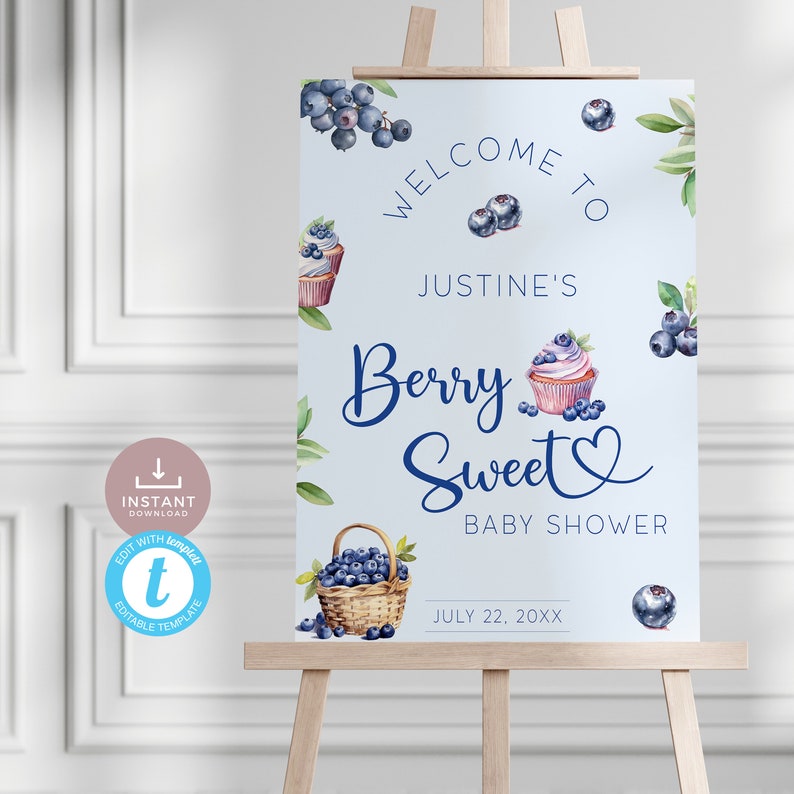 Blueberry Baby Shower Welcome Sign, Berry Sweet Entrance Easel Poster ...