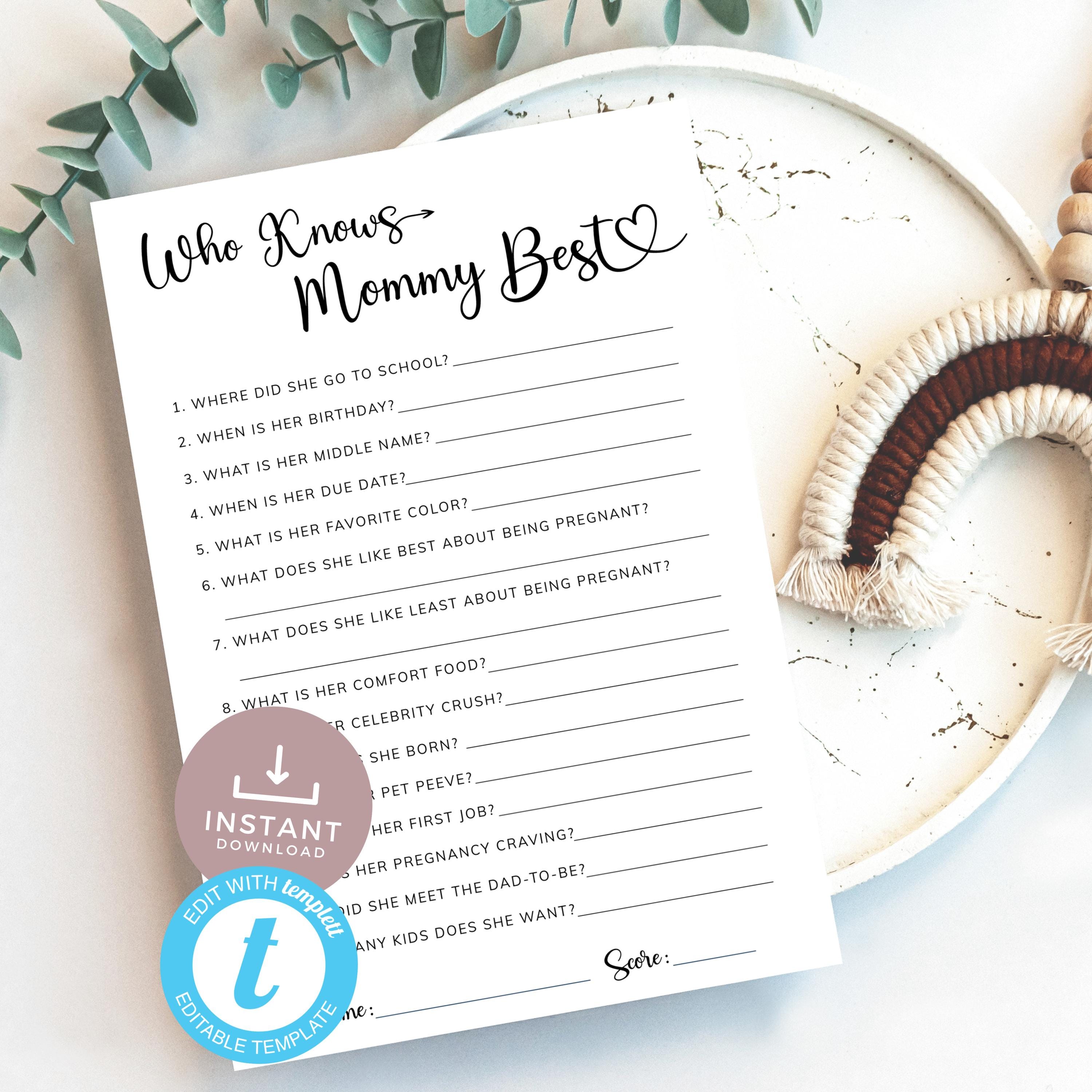 Who Knows Mommy Best Questionnaire, Modern Mom to Be Quiz, Baby Shower ...