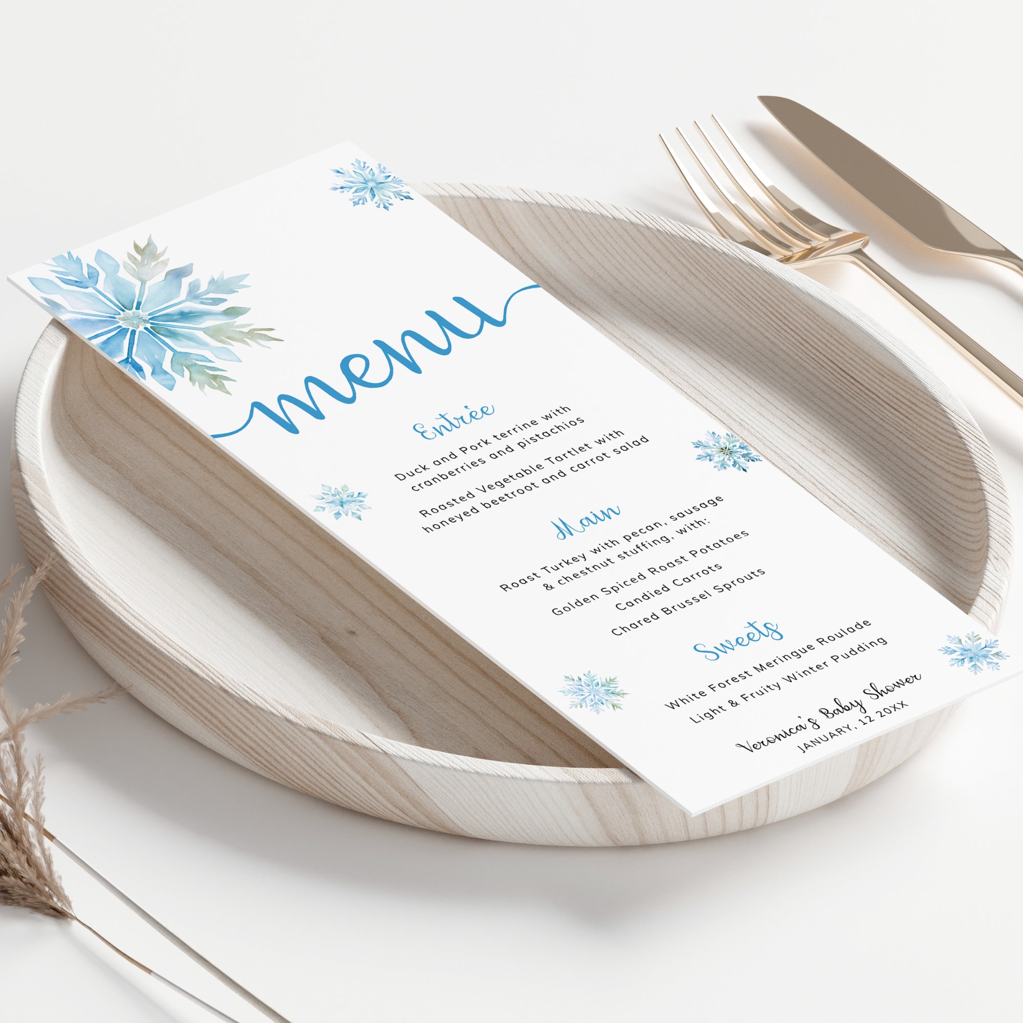 Snowflake Menu Card Template in Dusty Blue for Your Winter Wonderland ...